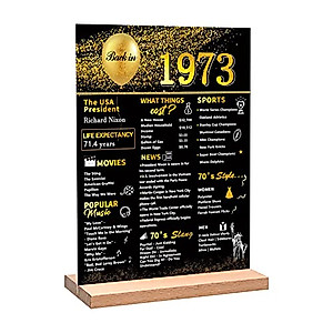 Vlipoeasn Large Size 1973 Poster 50th Birthday Anniversary Table Decoration for Women, Black Gold Duplex Print Back in 1973 Acrylic Table Sign with Wooden Stand, 50 Year Old Birthday Gifts for Women