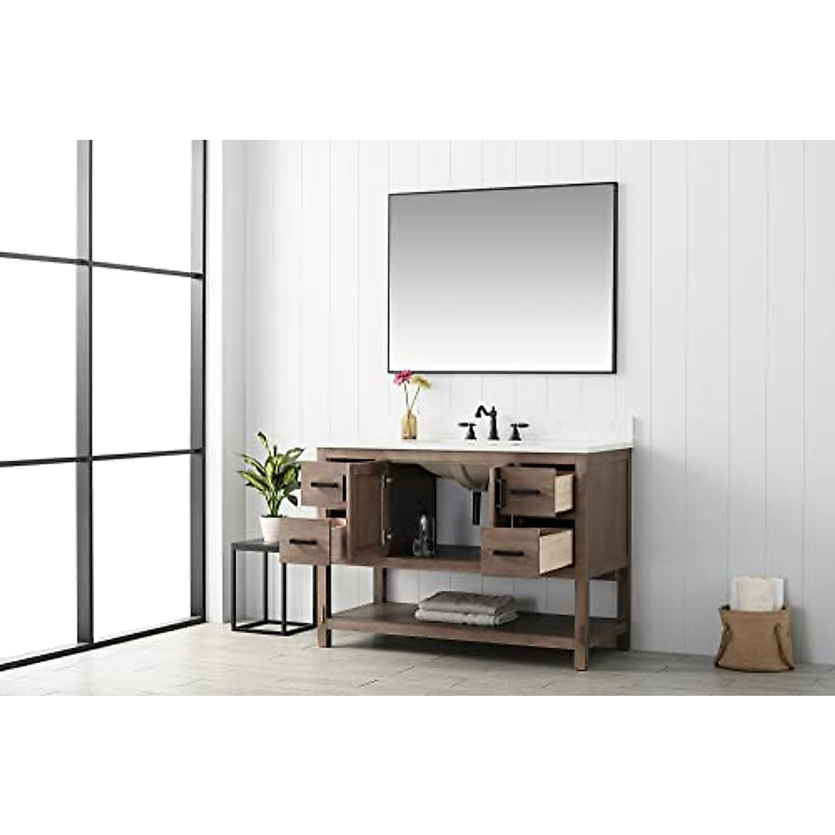 UrbanFurnishing.net - Harvey 48-Inch (48") Rustic Modern Farmhouse Bathroom Vanity - Brown Spruce