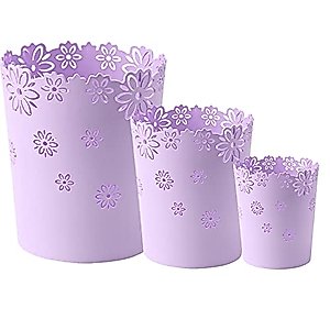SNOBUOWIN 3PCS Garbage Can Wastebasket, Hollow Flower Shape Plastic Lidless Wastepaper Baskets Trash Can (Purple)