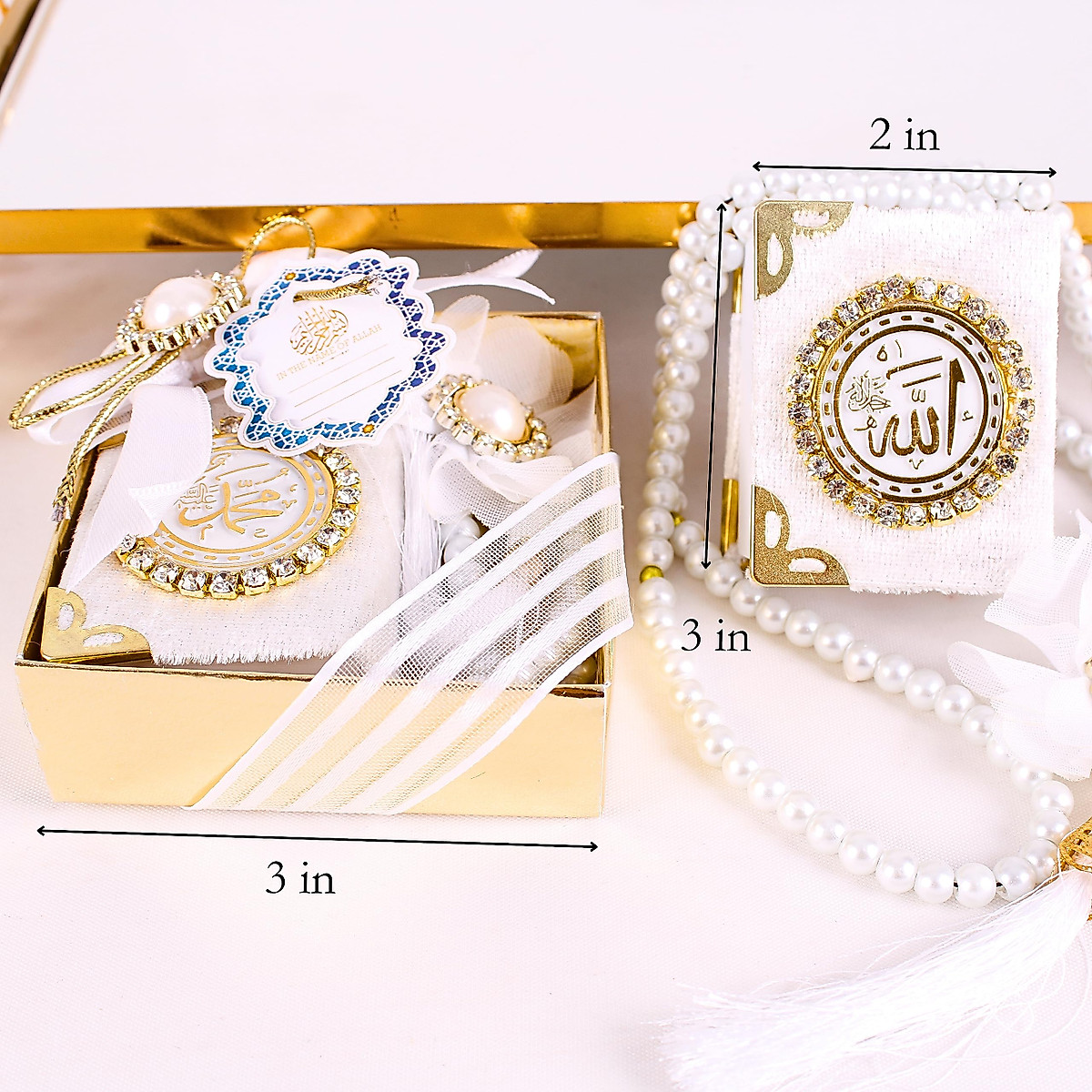 Pack of 6 Personalized Mini Quran Prayer Beads Islamic Party Favors, Decorated Velvet Mini Quran & Pearl Prayer Beads Islamic Muslim Gift Set for Special Occasions
