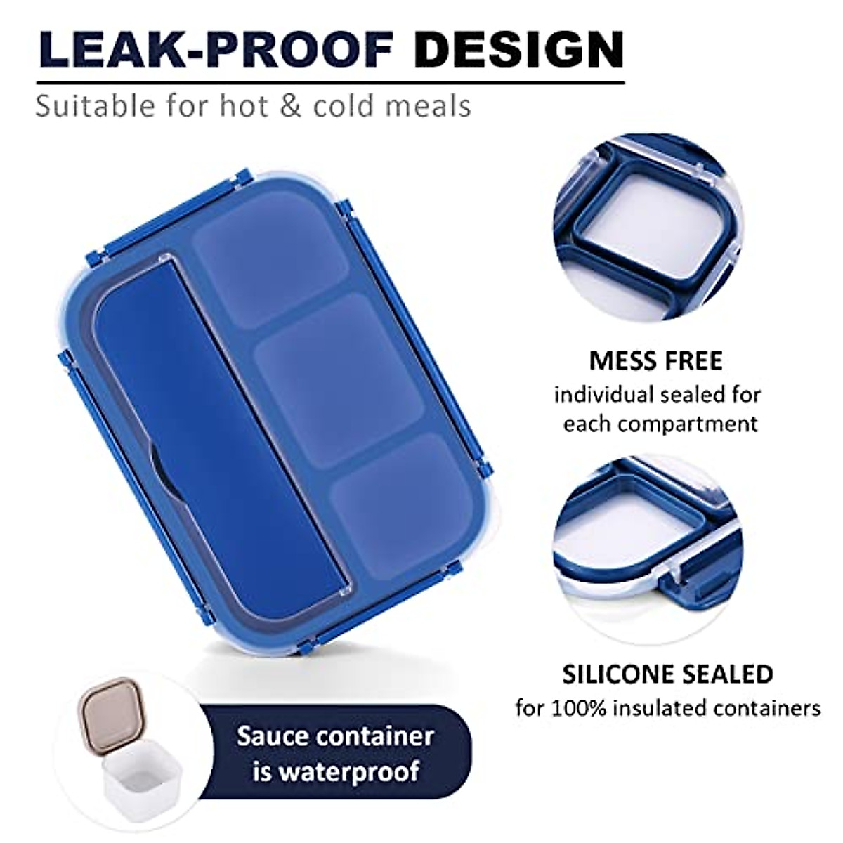 QQKO Bento Box Adult Lunch Box, Lunch Containers for Adults, 1200 ML Food Container With 4 Compartments, Including 4 Muffin Cups, Utensils Set, Sauce Jar, Leak-Proof, Microwave, Dishwasher Safe, Blue