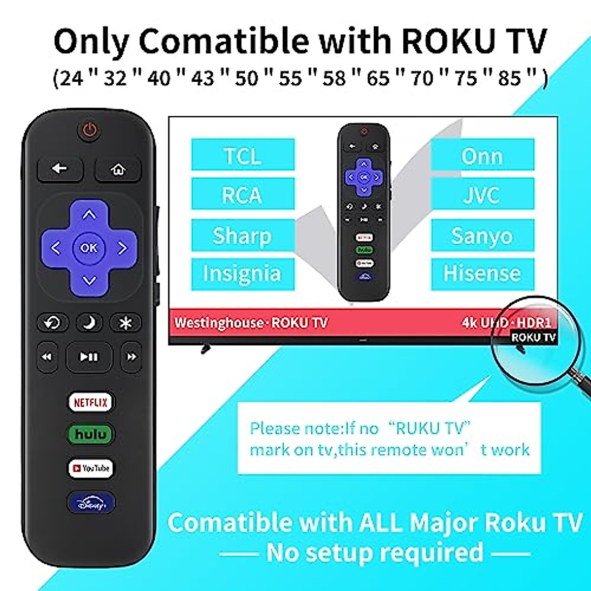 (Pack of 2) Replaced Remote Control Only for Roku TV,Compatible with for TCL Roku/Hisense Roku/Onn Roku/Insignia Roku/Element Roku/Westinghouse Roku/Hitachi Roku TV【Not for Roku Stick and Box】