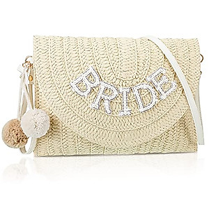 Bride Straw Shoulder Bag Woven Envelope Wallet Pearl Rhinestone Wedding Vacation Purse Honeymoon Bridal Shower Gift for Bride (Bride White Style)