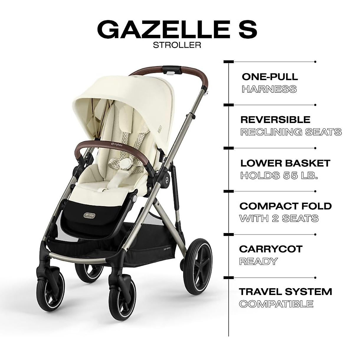 Cybex Gazelle S All-in-One Toddler and Baby Stroller with Over 20 Modular Configurations, Ergonomic Near-Flat Recline, Shopper Basket, and Compact Fold, Seashell Beige