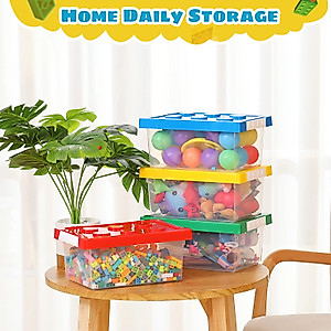 Vicenpal 4 Pack Toy Storage Containers with Lids Brick Shaped Kids Storage Organizer Box Containers Plastic Stackable Organizer Bin Clear Toy Chest for Organizing Building Brick Dolls Toys(Small)