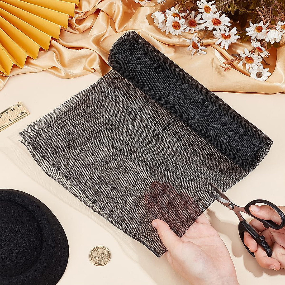 BENECREAT 35x19.7 Inch Black Linen Mesh Fabric, Sinamay Hat Mesh Netting Fabric Roll for Bouquet Wrapping, Women Bride's Headdress Veil Making