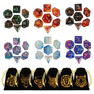 GWHOLE 42 Pcs(6 Sets) Polyhedral Dice with Gold Pattern Drawstring Pouches for DND RPG MTG Dungeon and Dragons Table Board Roll Playing Games Style 2