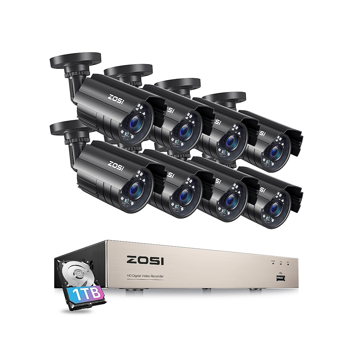 ZOSI 3K Lite 8CH Security Camera System with AI Human/Vehicle Detection,Night Vision,H.265+ 5MP 8Channel CCTV DVR with 1TB Hard Drive,8pcs 1920TVL 1080p Outdoor Indoor Cameras,for Home 24/7 Recording