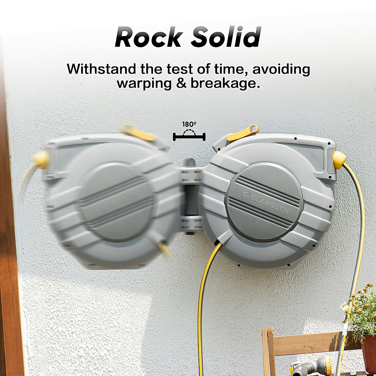 GLAHODEN Retractable Garden Hose Reel - 1/2 in x 115 ft Upgraded UV Resistant Automatic Wall Mounted Water Hose Reel 3/4 in Brass Fitting 9 Pattern Nozzle Any Length Lock Slow Retraction 180° Swivel