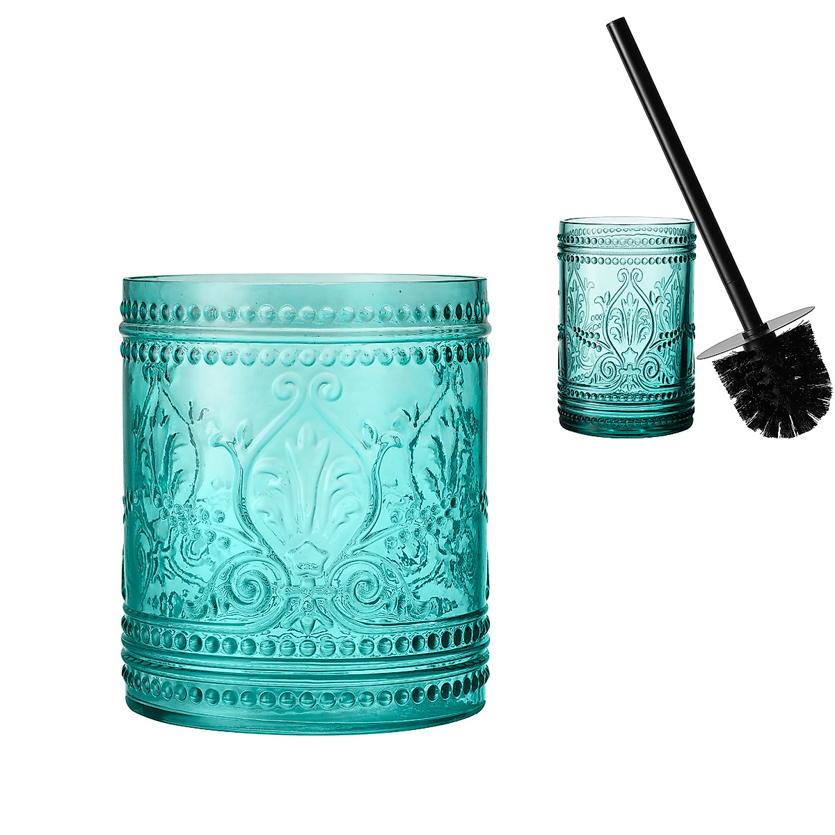 KMwares Glass Decorative Toilet Bowl Cleaner Brushes and Holde/Wastebasket for Bathroom Accessories Storage/Organization/Decoration- Teal Blue (Brush and Holder and Wastebasket)