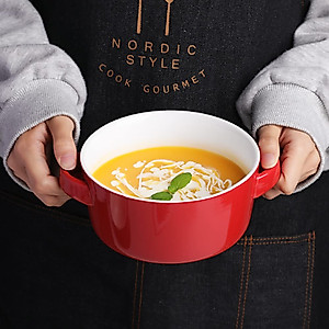 Sweejar Porcelain Soup Bowls with Handles, 28OZ Substantial Crocks for Soup, Oatmeal, Ramen, Functional and Stackable Set of 4, Dishwasher and Microwave Safe (Red)