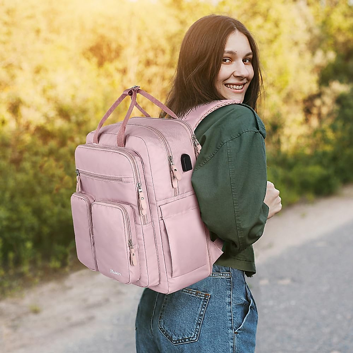 Mancro Travel Backpack for Women, 15.6 Inch Travel Laptop Backpack with USB Charging Port, Large School Backpacks for Girls, College Gifts Laptop Bookbag Teacher Backpacks, Pink
