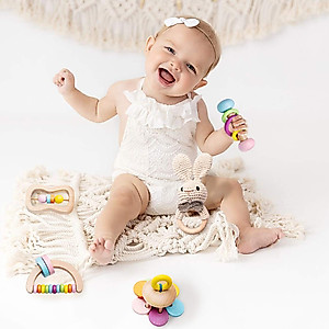 Wooden Baby Rattle Toys 5 PCS Rattle Set for Babies 0-6-12 Months Bunny Crochet Rattle Ring with Gift Box Wooden Montessori Toy for Newborn Infant Baby