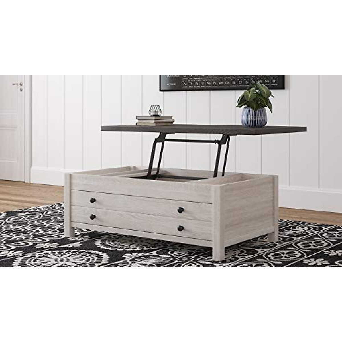 Signature Design by Ashley Dorrinson Farmhouse Lift Top Coffee Table with Storage, Antique White & Brown
