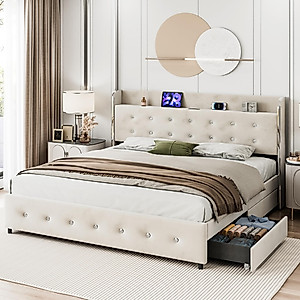 Senfot Queen Size Bed Frame, Upholstered Bed Frame with 4 Storage Drawers, Platform Bed Frame with Diamond Tufted Headboard, Wood Slat Support, No Springs Required, Easy to Assemble, White