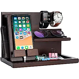 ZORMY Wood Phone Docking Station, Nightstand and Watch Organizer Ash Key Holder Wallet, Wooden Bedside Stand for Cellphone, Ring, Wallet, Pen, Coin for Men Husband Anniversary Dad Birthday