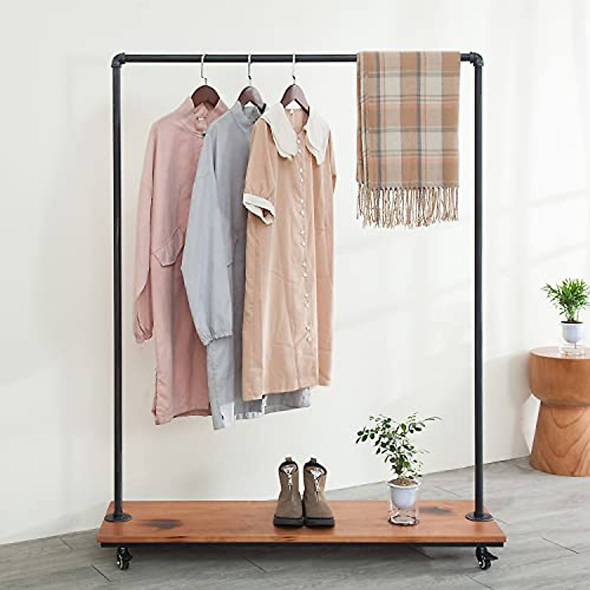 WGX Design For You Industrial Pipe Clothing Rack Wood Garment Rack Pipeline Vintage Rolling Rack with wheels(A)