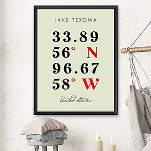 Map of Lake Texoma, United States, Multiline Coordinates Colored (8x10)