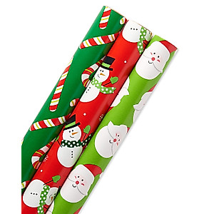 American Greetings Reversible Christmas Extra-Wide Wrapping Paper Bundle, Santa, Snowmen and Candy Canes (3 Rolls, 120 sq. ft.)
