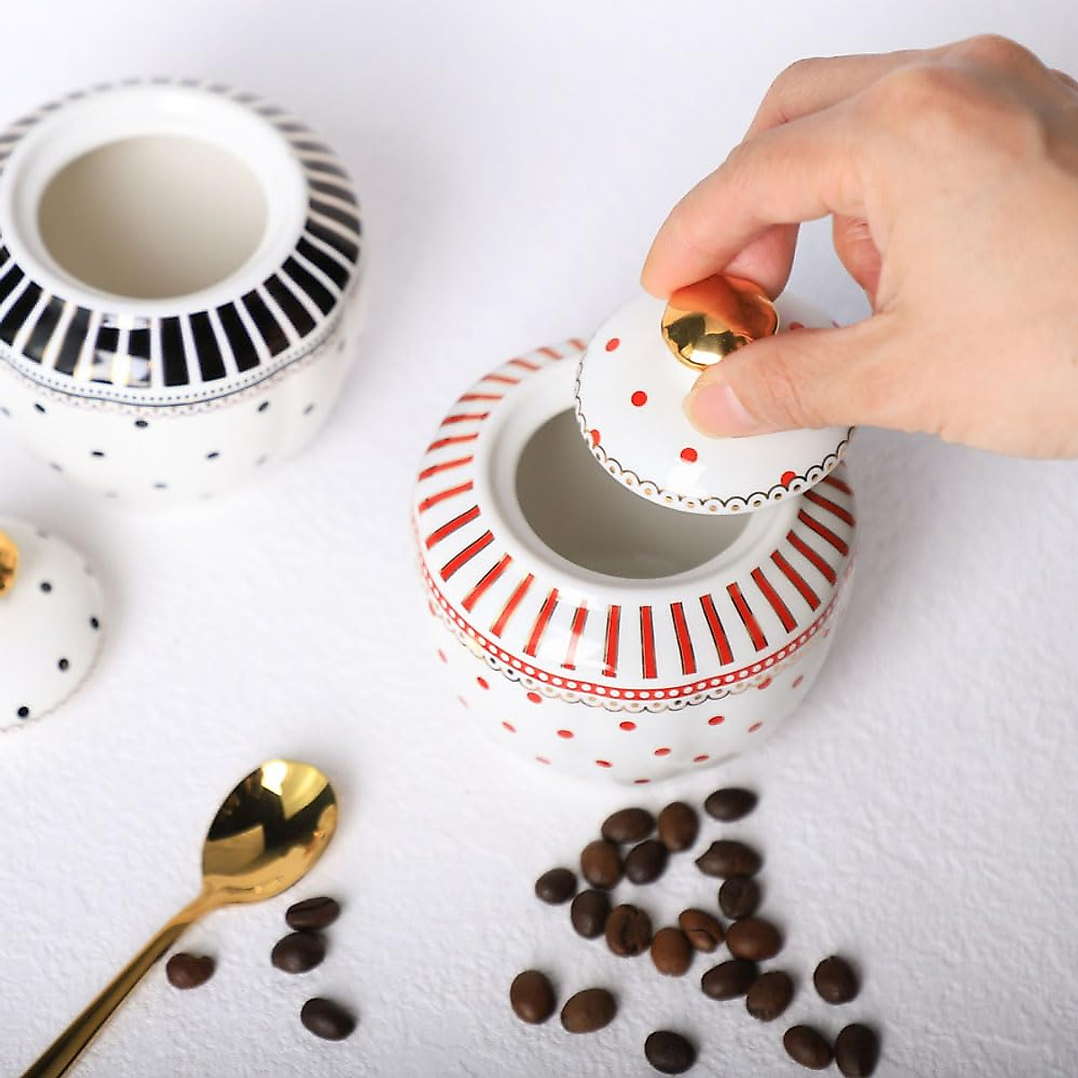 RockTrend Stripe Polka Dot Ceramic Coffee Serving Set Creamer and Sugar Bowl Set