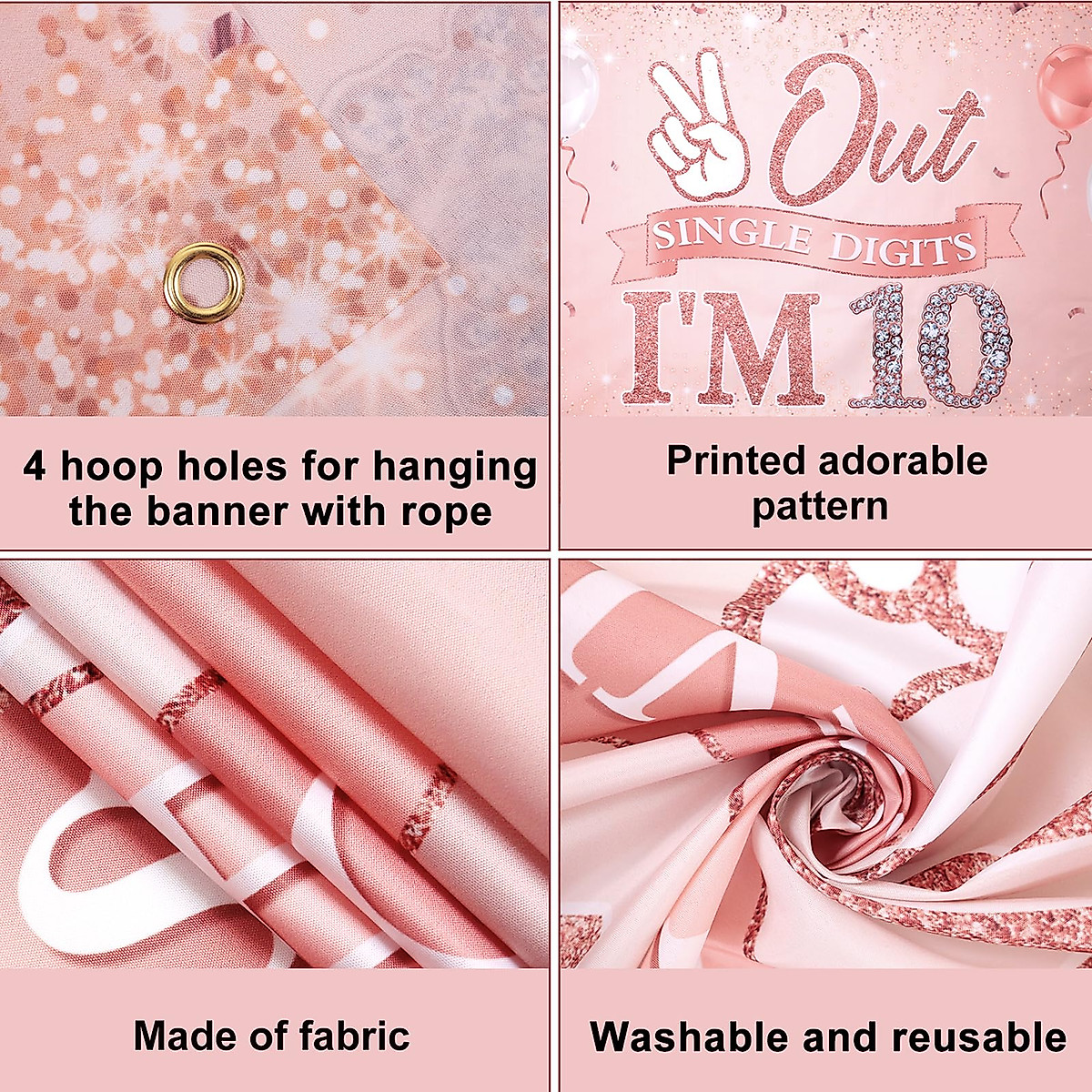 Holkcog Rose Gold Happy 10th Birthday Party Banner Backdrop for 10-Year-Old Girls Double Digits Birthday Girl "I'm 10" Bday Banner Rose Gold 10th Birthday Photo Background 10th Party Decorations supply