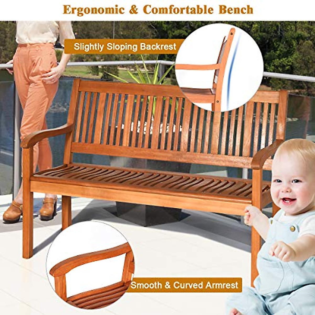 Tangkula Outdoor Wood Bench, Two Person Solid Wood Garden Bench w/Curved Backrest and Wide Armrest, Large Bench for Patio Porch Poolside Balcony, 50" L x 25" W x 36" H (Natural)