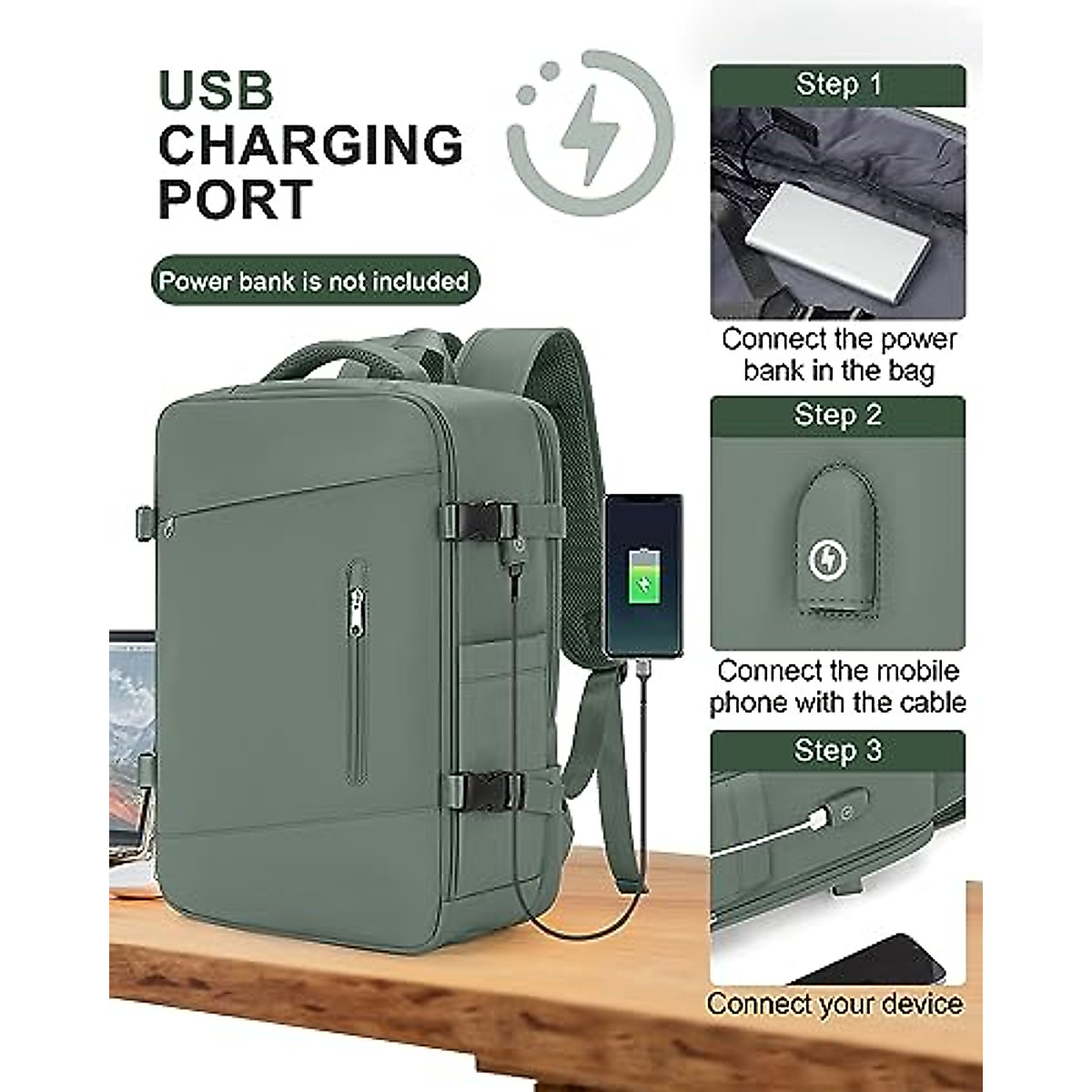 Large Travel Backpack for Women Carry On Airline Flight Approved Expandable Work Personal Item size Backpack Bag with Laptop compartment for College Men Waterproof Hiking Mochila de Viaje Green