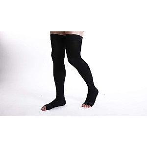 Doc Miller Thigh High Open Toe Compression Stockings 20-30mmHg for Varicose Veins, Pregnancy Support Open Toe Thigh High Compression Socks for Women and Men - 1 Pair Black Large