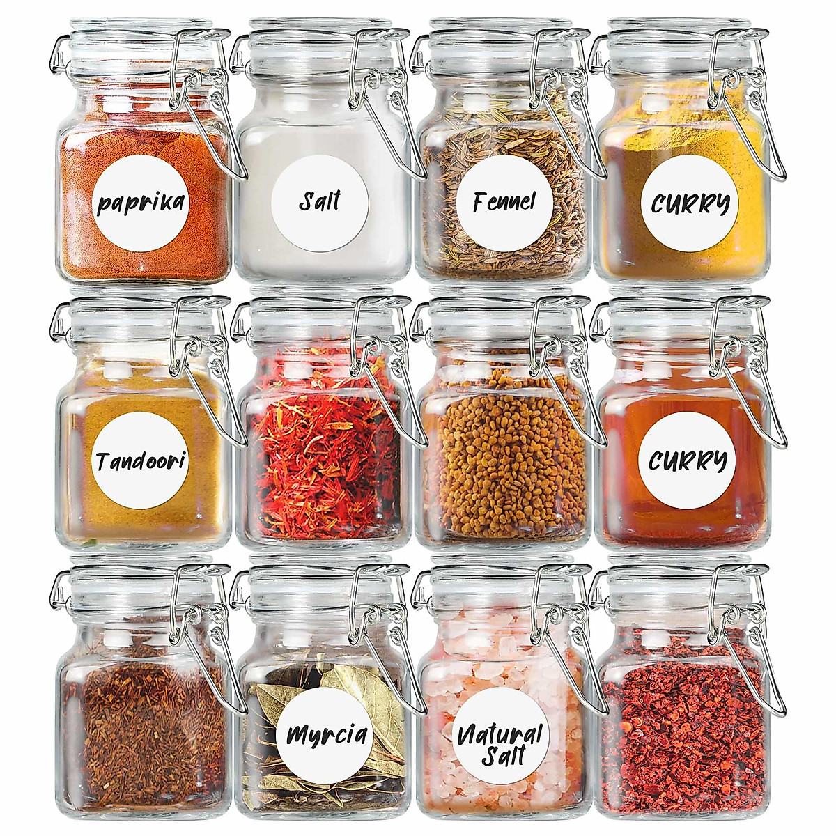 SKOCHE Spice Jars 20 Pack - 4 oz Small Glass Jars with Airtight Hinged Lids, Spice Herb Jars with Labels and Silicone Funnels, 4oz Glass Jars with Lids Ideal for Spice Herbs