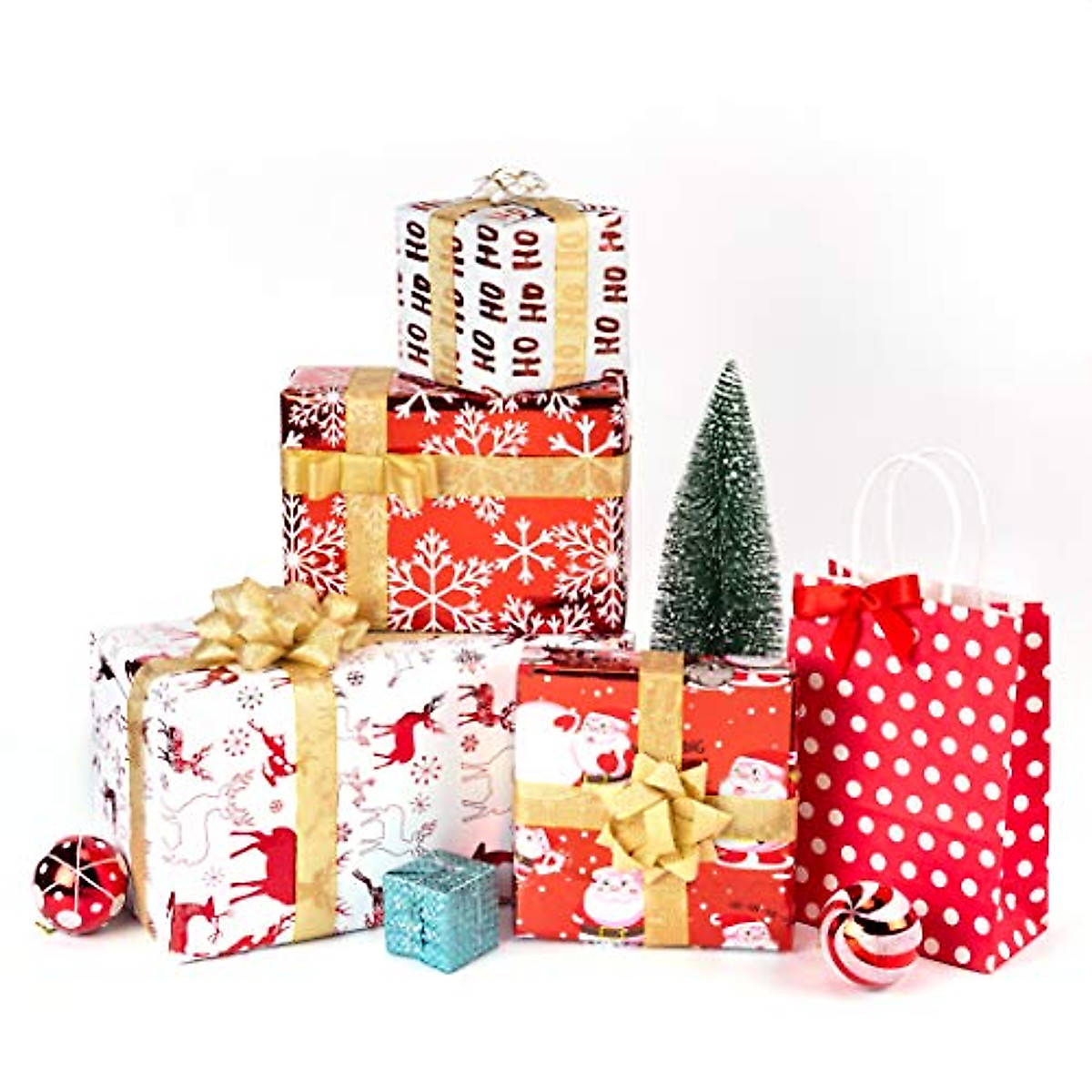RUSPEPA Christmas Wrapping Paper-Red and White Paper with a Metallic foil Shine-Christmas Elements Collection-4 Roll-30Inch X 10Feet Per Roll