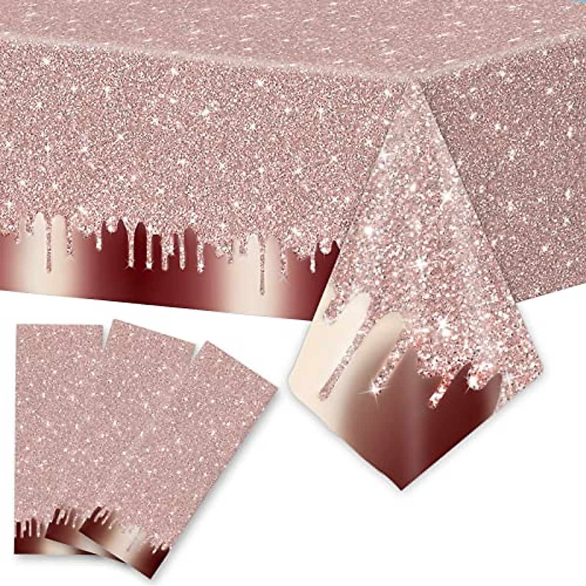 3pcs Pink Rose Gold Birthday Party Tablecloths Rose Gold Sequin Printed Plastic Table Cover Glitter Diamonds Happy Birthday Background for Girl Wedding Graduation Anniversary Indoor Outdoor（Plastic）