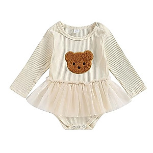 Kuriozud Baby Girls Mesh Romper Dress Bear Pattern Long Sleeve Jumpsuits for Newborn Infant Toddler Cute Clothes (Milky White, 12-18 Months)