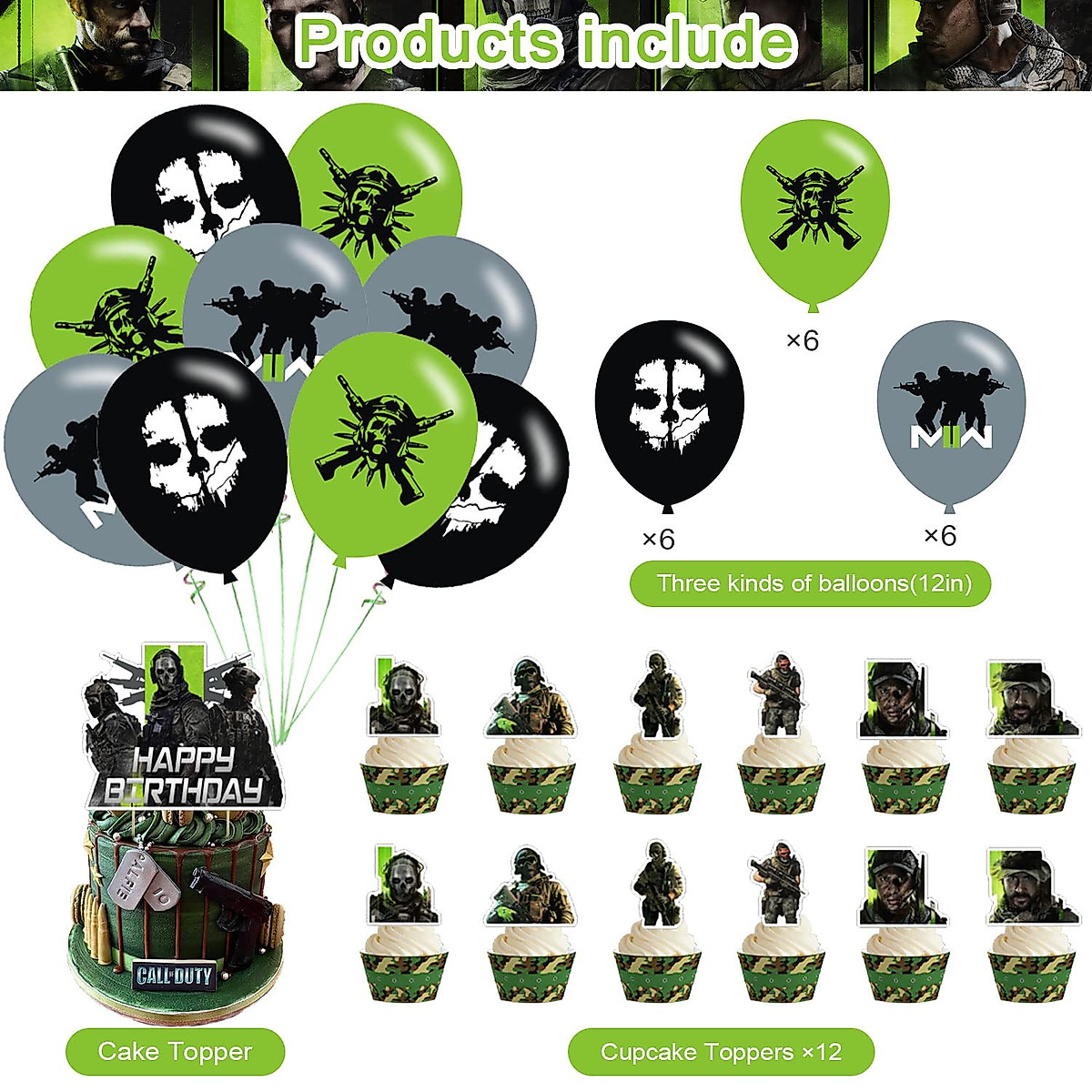 Gaming Theme Birthday Party Decorations,Call Of Du_ty Party Supply Set for Kids with 1 Happy Birthday Banner ,12 Cupcake Toppers ,18 Call Hero Balloons ,50 Stickers for Gaming Party Decorations