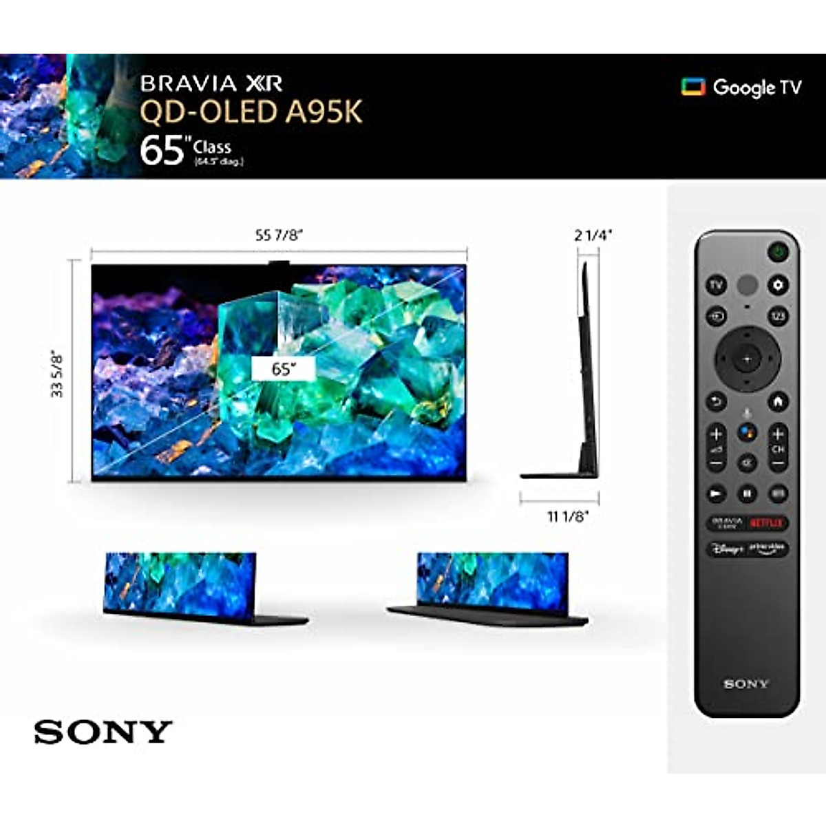 Sony 65 Inch 4K Ultra HD TV A95K Series: BRAVIA XR QD-OLED Smart Google TV with Dolby Vision HDR, Bluetooth, Wi-Fi, USB, Ethernet, HDMI and Exclusive Features for Playstation 5 XR65A95K- 2022 Model