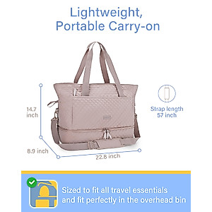 BAGSMART Weekender Overnight Bag 39L Large Travel Duffle Bag for Women, Quilted Cotton Sports Gym Bag with Shoe Compartment, Carry-on Bag with Multiple Pockets, Machine Washable(Pink)