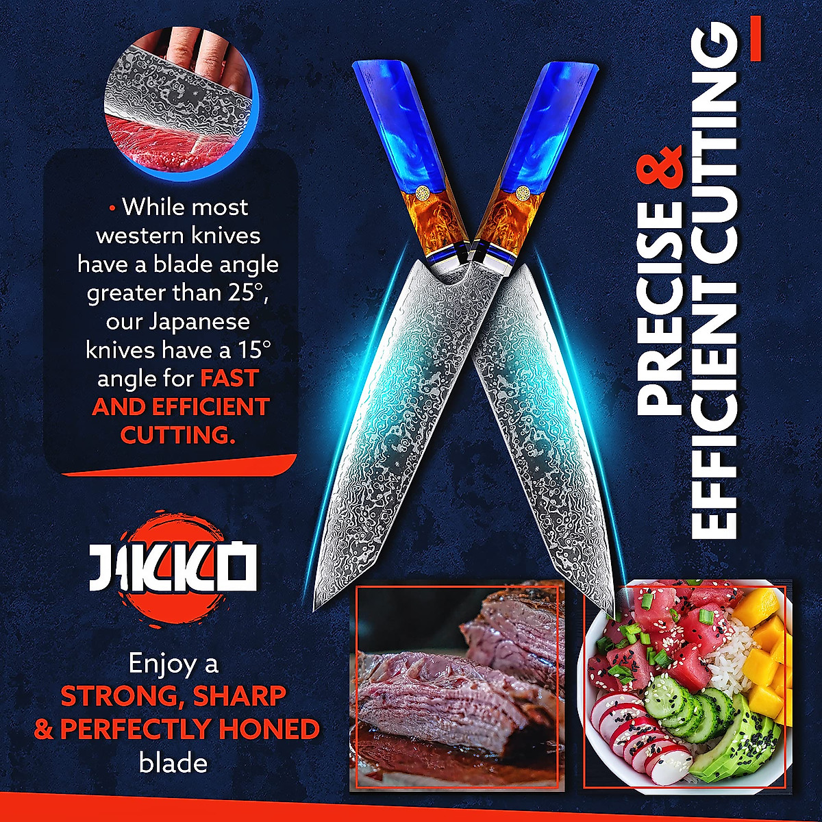 Jikko New Japanese Damascus Chef knife 13" Inch with Approved HRC60 Sharp Blade - Original model - Chef Knife with Ultra-Sharp Damascus Steel Blade and Rare Cocobolo Wood Handle