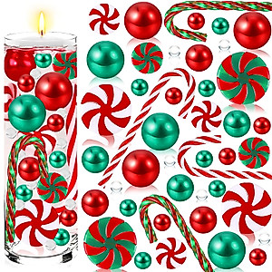 XIMISHOP 7106pcs Christmas Vase Filler,Green Red Candy Cane Vase Filler Floating Pearls Candles Clear Beads Pearl Beads for Christmas Holiday Home Decoration