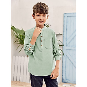 Inorin Boys Linen Shirt Button Up Henley Long Sleeve Dress Shirts Cotton Lightweight Tees Tops with One Pocket Mint Green