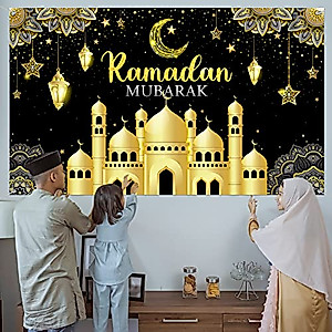 Ramadan Mubarak Decorations Backdrop Banner Muslim Ramadan Kareem Background Eid Mubarak Sign Photo Booth Backdrop Background for Home Muslim Ramadan Eid Al Fitr Party Supplies (Black)