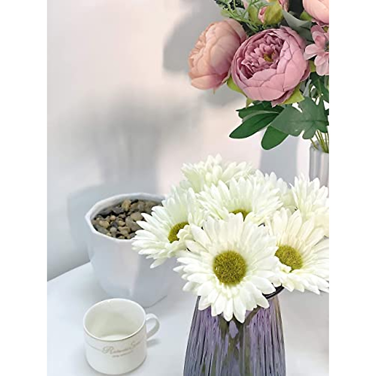 DSforG 16PCS Gerbera Daisy Silk Flowers Artificial Flowers Artificial Daisy Fake Flowers Bouquet for Wedding Bridal Bouquet Party Home Kitchen（White）