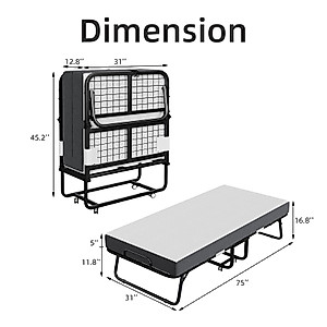 COTUBLR Folding Bed with Mattress Portable Foldable Guest Beds for Adults 75 x 31 Inch Twin Size Rollaway Day Bed with Premium 5 Inch Memory Foam and Swivel Wheels, Bed Cover Included