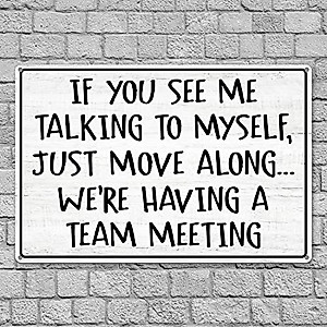 Funny Office Decor Signs - If You See Me Talking To Myself We're Having A Team Meeting, Cubical Office Door Accessories Office Wall Decorations Aluminum Sign Women Gift