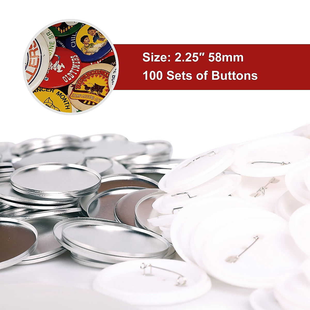 CREWORKS 100 Sets 2.25 inch/58mm Blank Button Badge for Button Making Machine, Button Maker Supplies Round Badge Button Press Refill, Includes Metal Shells & Clear Mylar & Plastic Base