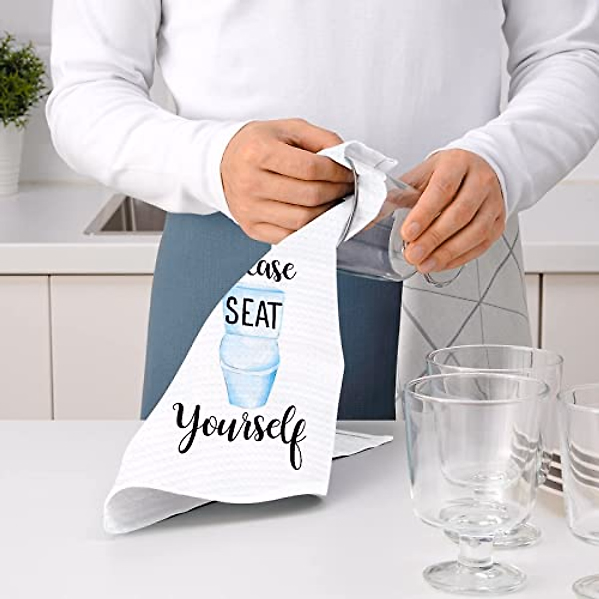 Vansolinne Funny Bathroom Hand Towels with Hanging Loop (4 Packs), 24''x18'' Absorbent Waffle Weave Towels with Humorous Words & Pattern, Cool Guest Hand Towels Funny Bath Decor Nice Bathroom Gifts