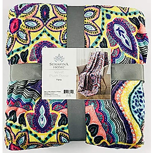 Boho Velvet Fleece Throw Blanket: Soft Plush Bright Decorative Paisley Patterned Accent for Couch or Bed, Colored: Teal Hot Pink Purple Yellow Black