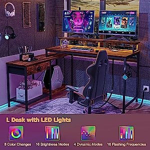 Furologee L Shaped Computer Desk with Drawer, Reversible Corner Desk/83 Long Desk with LED Lights & Power Outlets, Home Office Gaming Table with 2 Shelves and Monitor Stand-(47.2+39.4) in