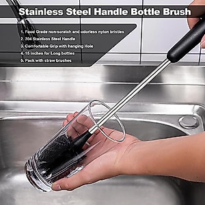 [4 Pack] Stainless Steel Water Bottle Brush & Straw Cleaner Set, Long Handle Baby Bottle Scrub Cleaning Brush for Sports Bottles, Cups, Dishes, Coffee Mugs, Glasswares, Tumblers, Wine Decanters