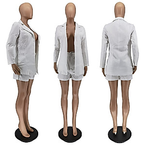 HuiSiFang Women's 2 Piece Outfit Open Front Blazer and High Waisted Skinny Short Pant Casual Tops & Bottoms Set B-white