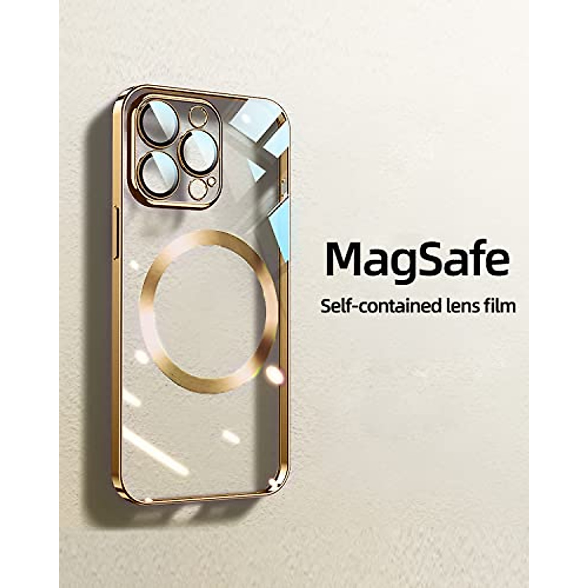 Uxinuo Magnetic Matallic Glossy Clear for iPhone 14 Pro Max Phone Case with Full Camera Cover Protection [N52 Magnets] [Military Grade Drop Protection] for Women Girls Phone Case (6.7") Golden