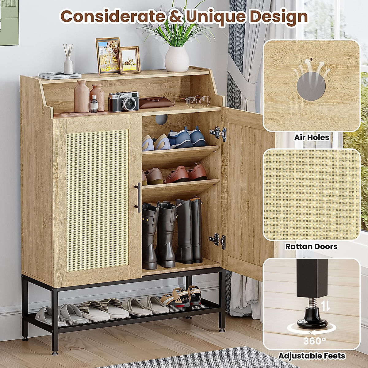 7-Tier Shoe Storage Cabinet with Rattan Doors, Shoe Rack Organizer Cabinet with Adjustable Shelves & Buffer Hinge, Freestanding Narrow shoe cabinet storage with Anti-tip Fitting for Entryway, Hallway